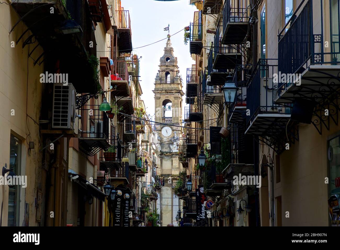 Palermo, old town, view through a narrow side street full of balconies ...