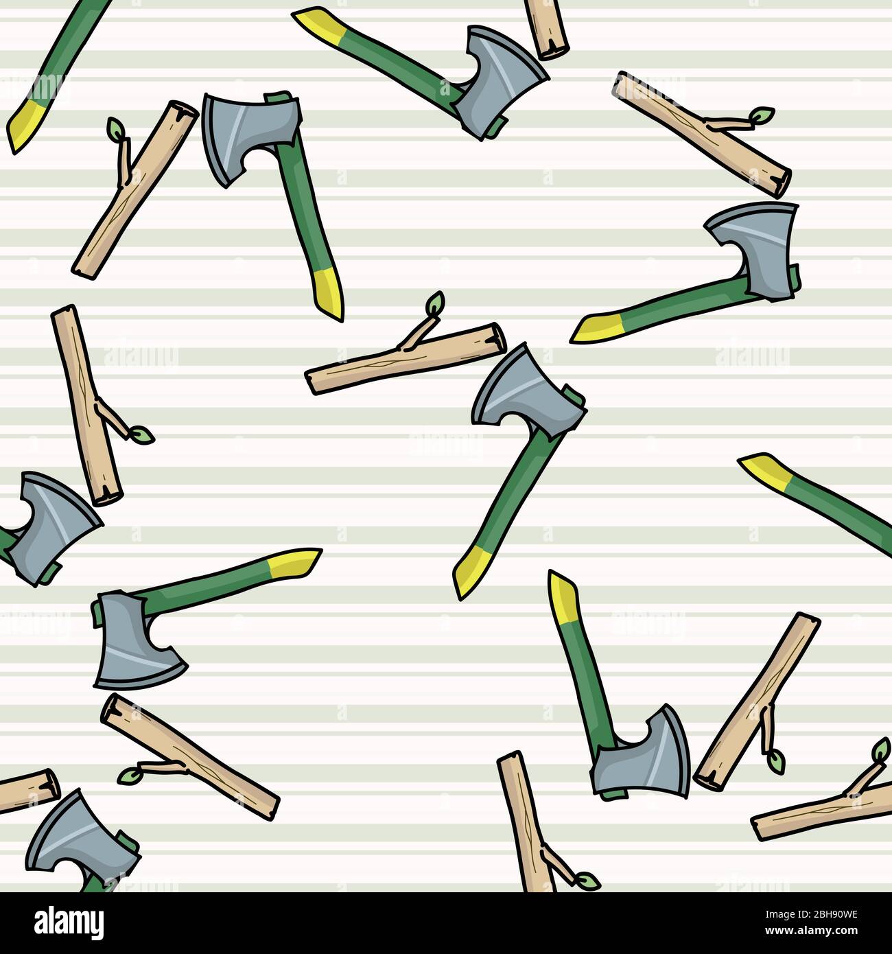 Cute axe chopping wooden stick seamless vector pattern. Hand drawn ...
