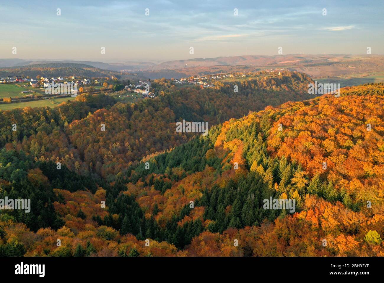 Aerial View Of A Woodland Landscape In Autumn At Kastel Staadt High ...