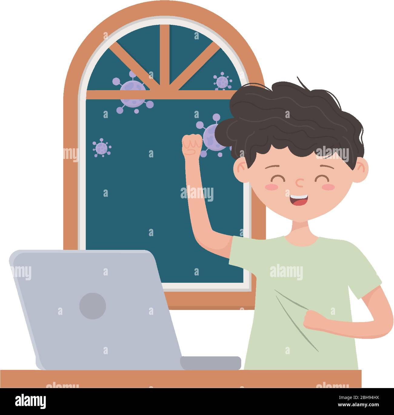 stay at home, happy boy with laptop in the room vector illustration ...