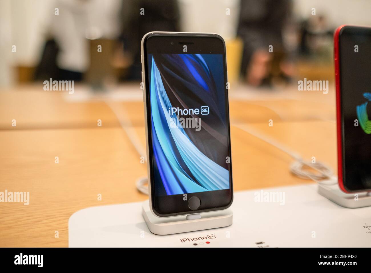 Smartphone iPhone SE White version, seen displayed at an American ...