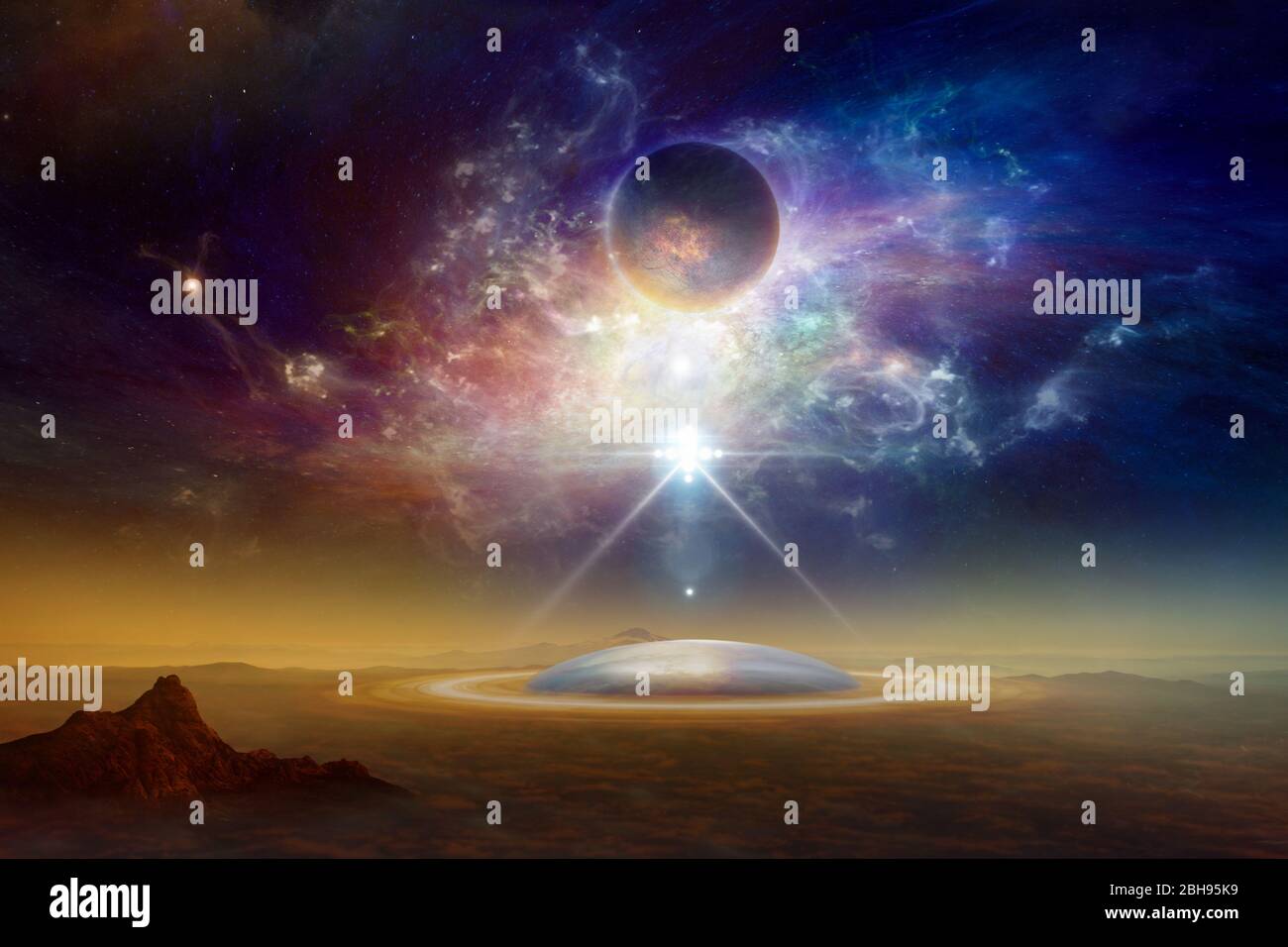 Abstract sci-fi collage with twisted galaxy, dark planet, aliens space ...