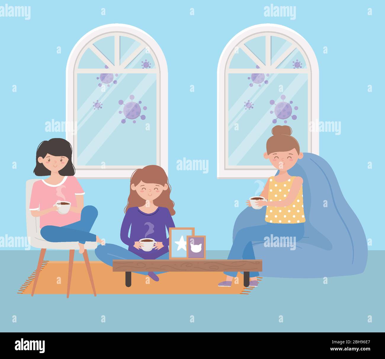 stay at home, happy group women taking coffee in the living room vector ...
