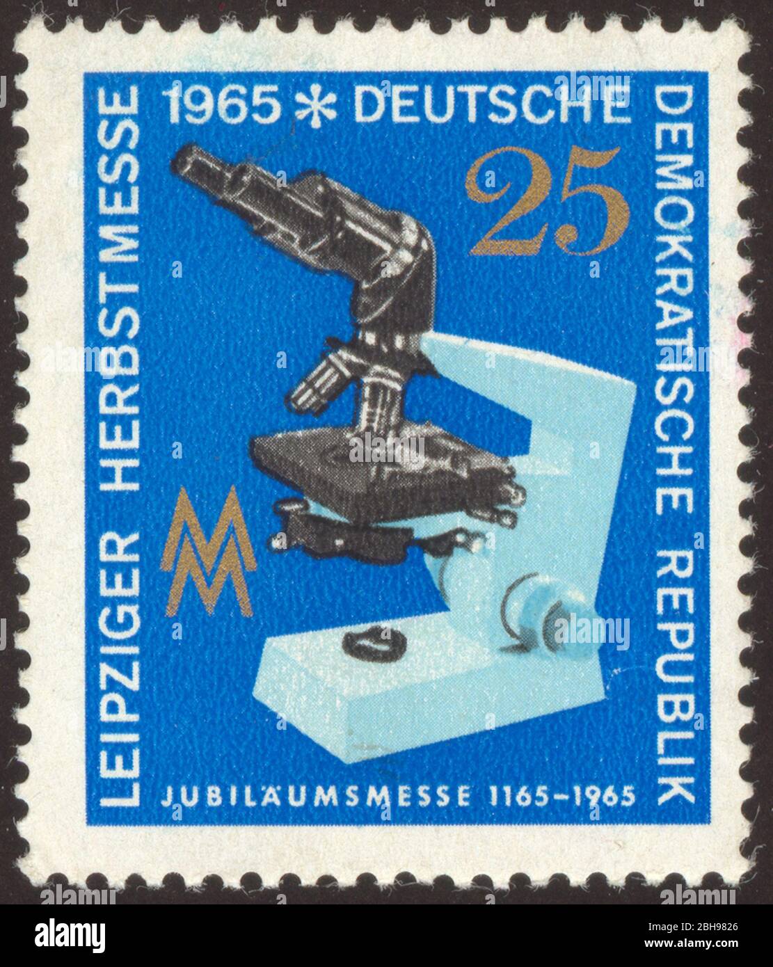 The scanned stamp. German stamp. Microscope in laboratory. Biological ...