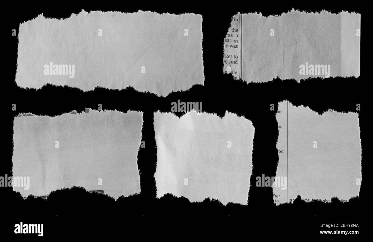 Five pieces of torn newspaper on black background Stock Photo - Alamy