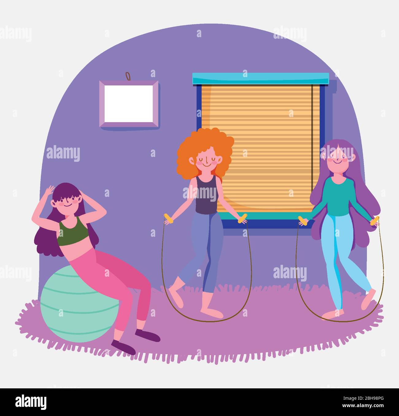 group women with jump rope and fitness ball in room, exercises at home ...