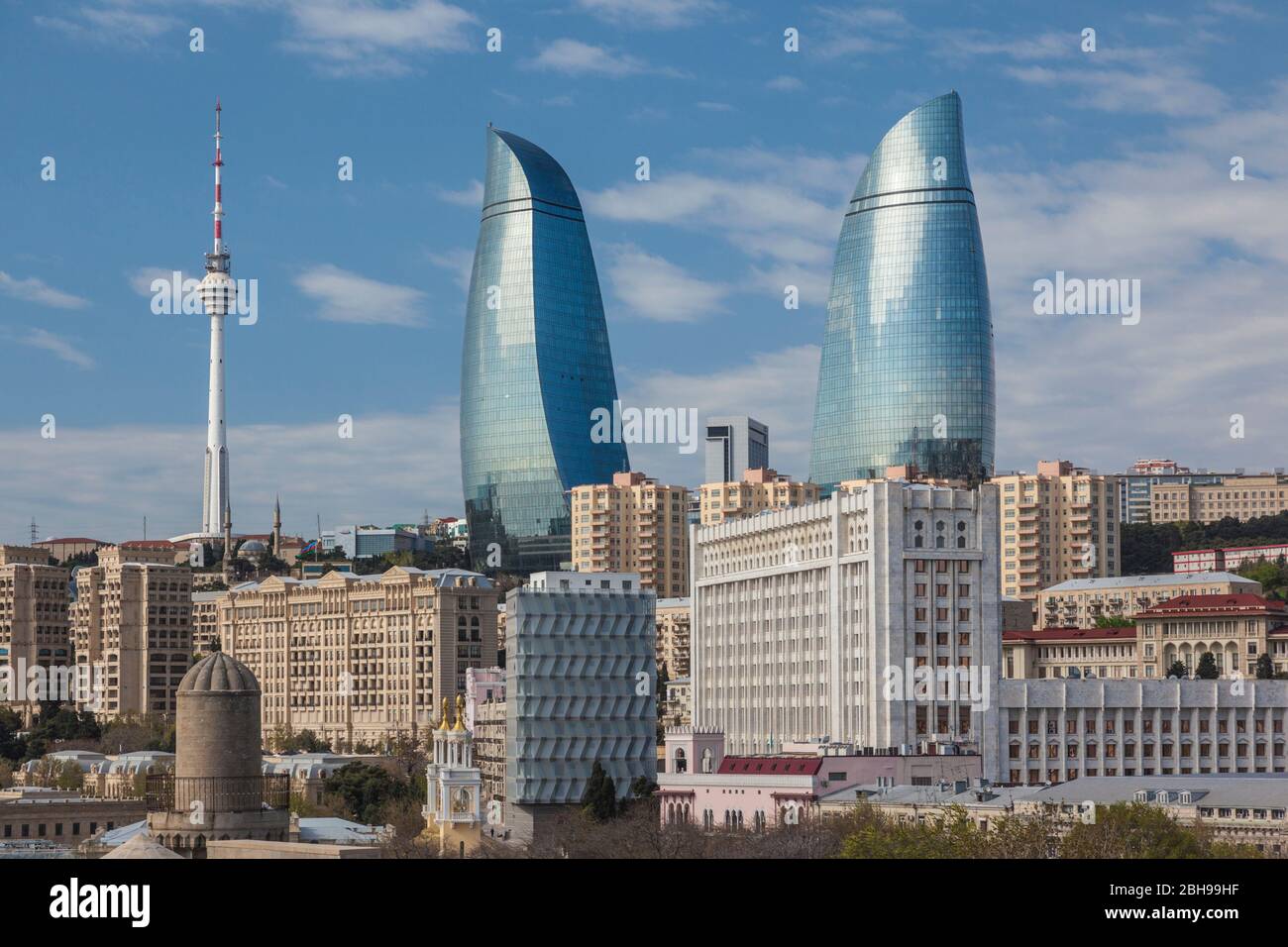 Azerbaijan, Baku, high angle view of Baku Television Tower and Flame ...