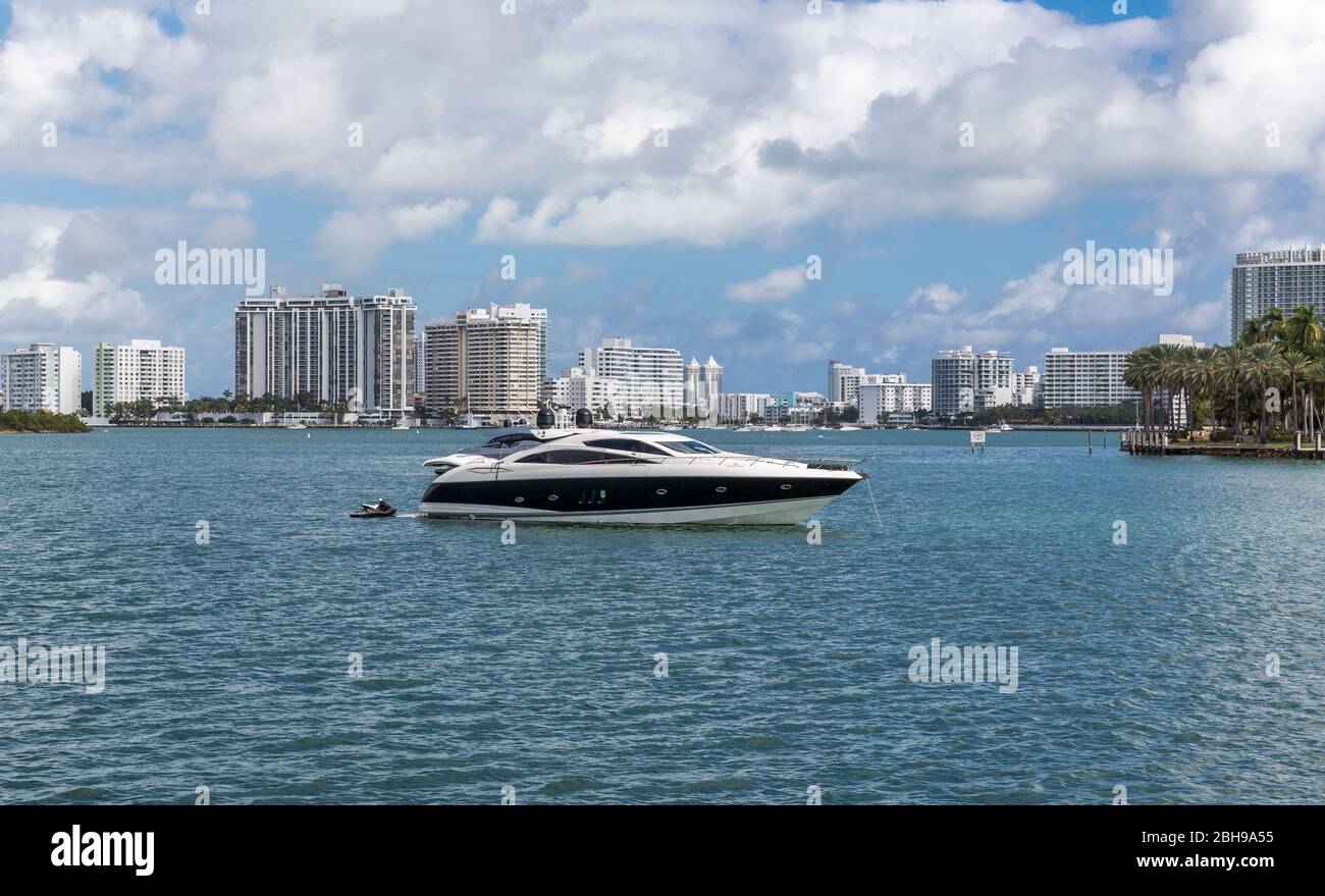 Yacht, behind the Miami Beach Skyline, Miami-Dade County, Florida, USA ...