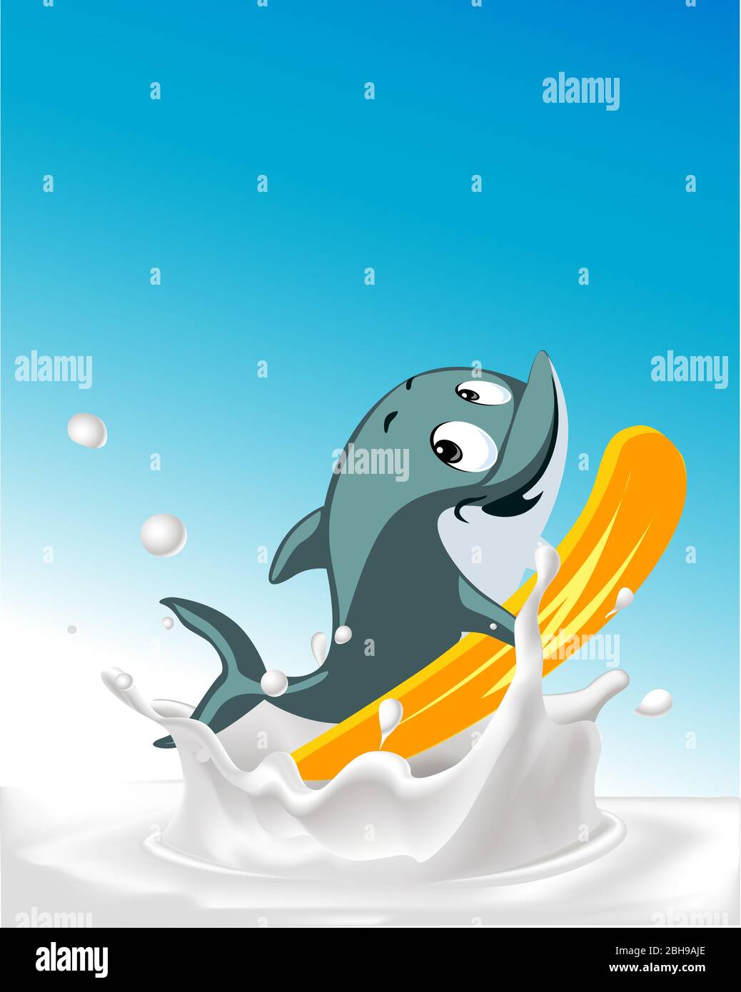 Splashing milk with fit surfing dolphin character flat design vector ...
