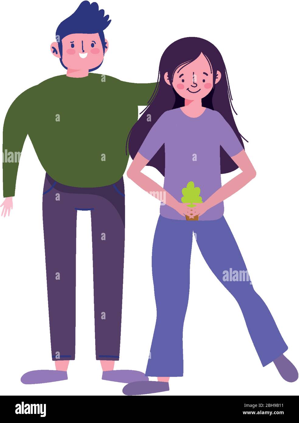 couple with potted plant gardening, quarantine stay at home vector ...