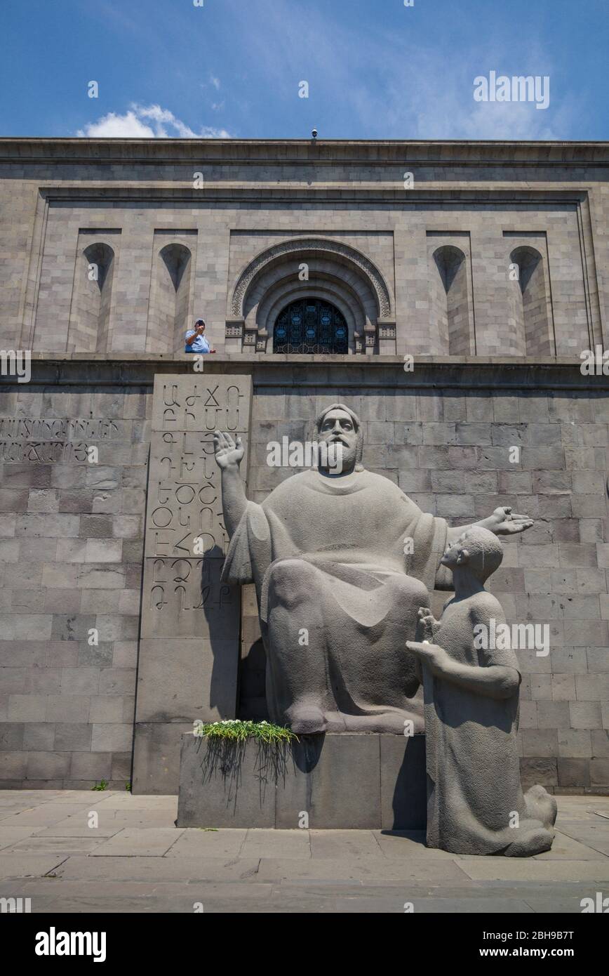 Armenia, Yerevan, Matenadaran Library, statue of St. Mesrop Mashtots ...