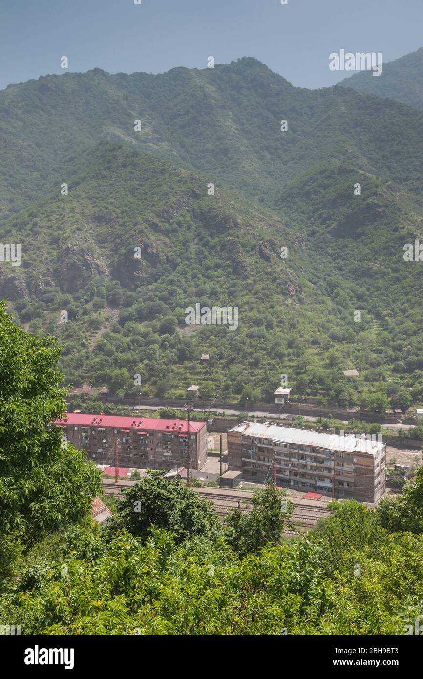 Armenia, Debed Canyon, Alaverdi, high angle view of town by the Debed ...