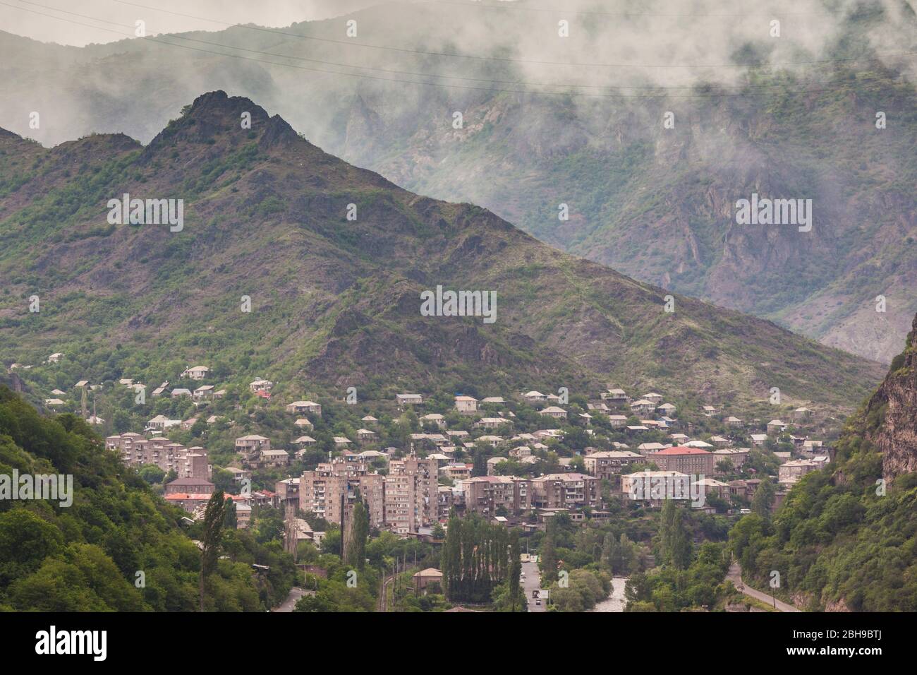 Armenia, Debed Canyon, Alaverdi, high angle view of town by the Debed ...