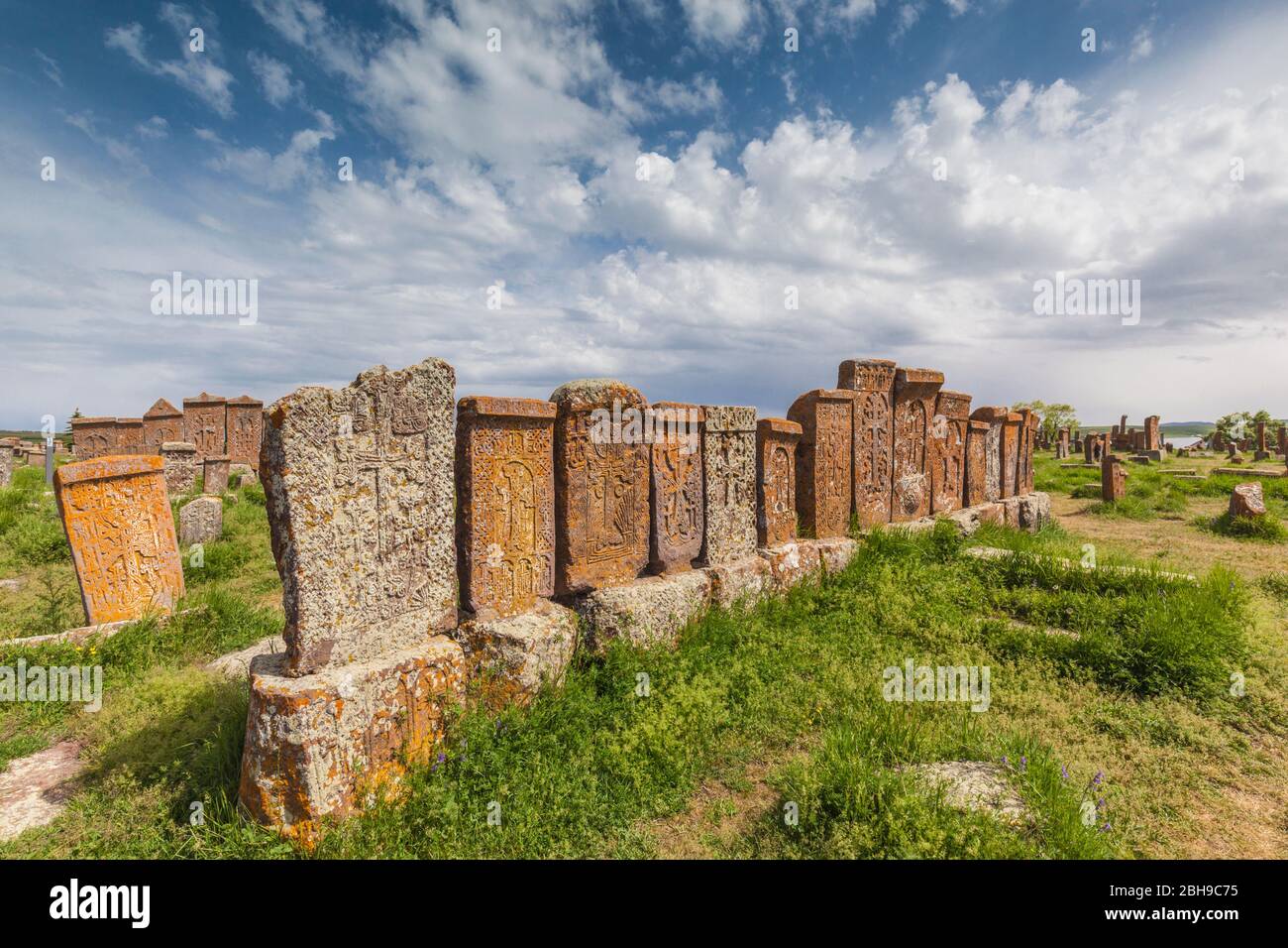 Armenia, Lake Sevan, Noratus, town cemetery, ancient khachkar monuments ...