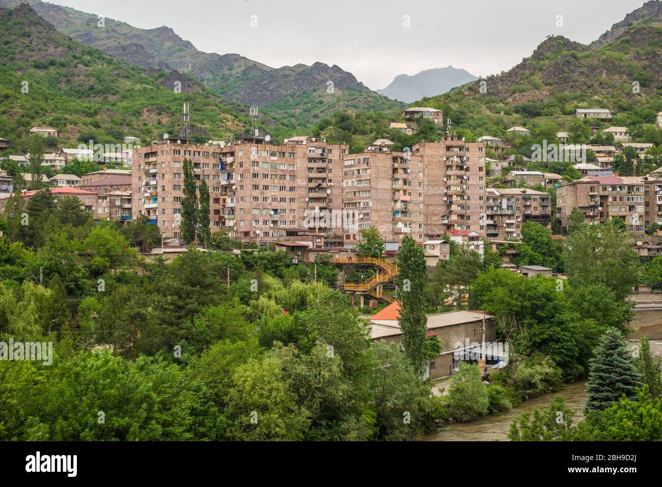 Armenia, Debed Canyon, Alaverdi, high angle view of town by the Debed ...