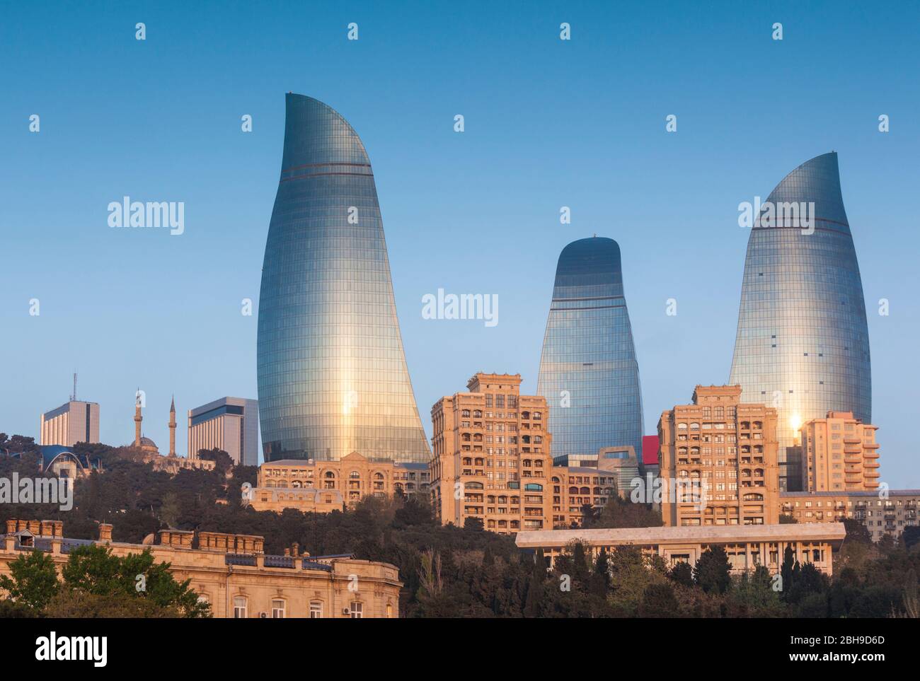 Azerbaijan, Baku, city skyline with Flame Towers form Baku Bay, dawn ...