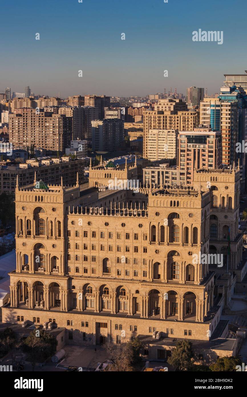Azerbaijan, Baku, high angle skyline with Dom Soviet Government House ...