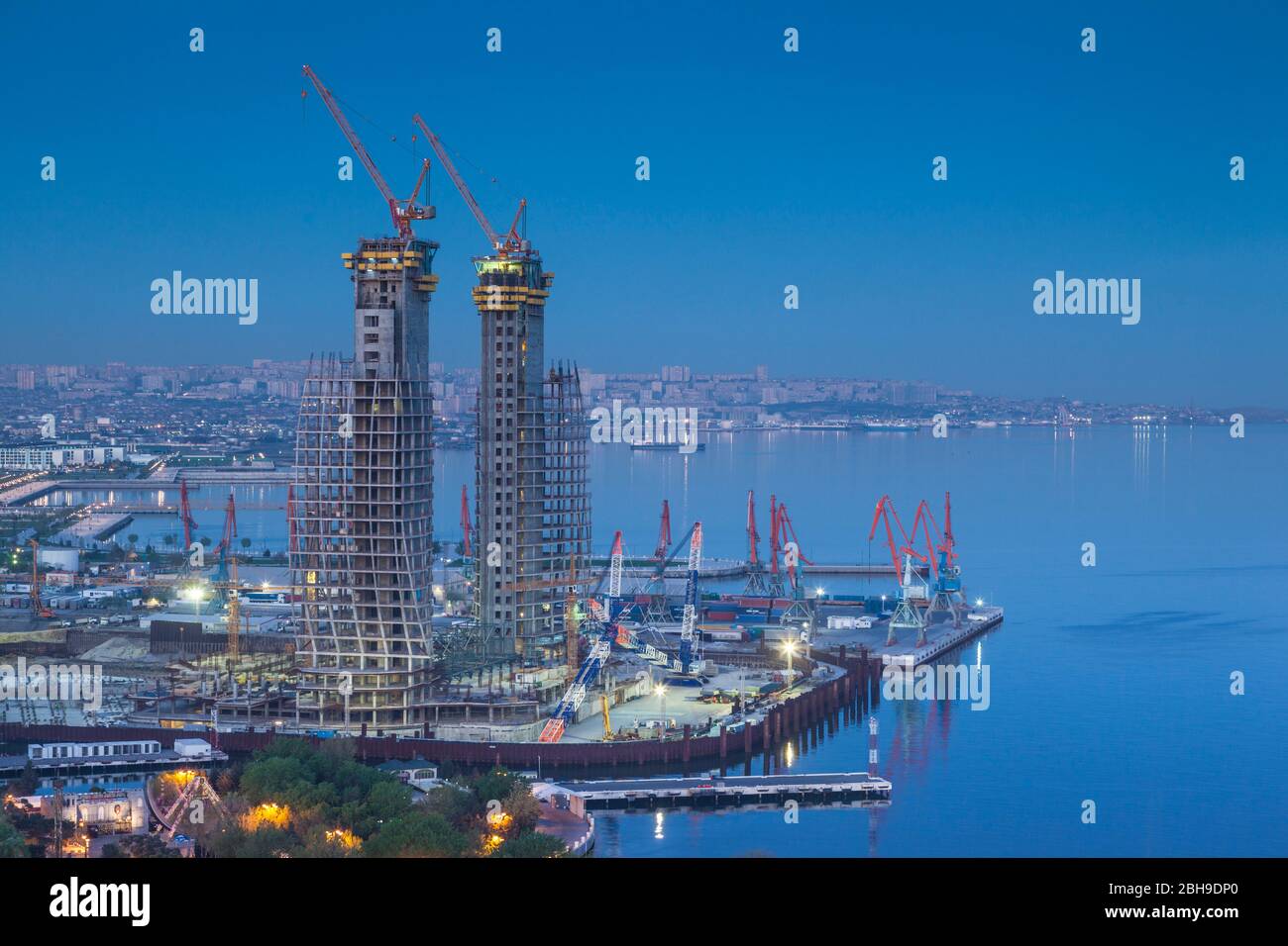 Azerbaijan, Baku, high angle skyline of the Port of Baku and Crescent ...