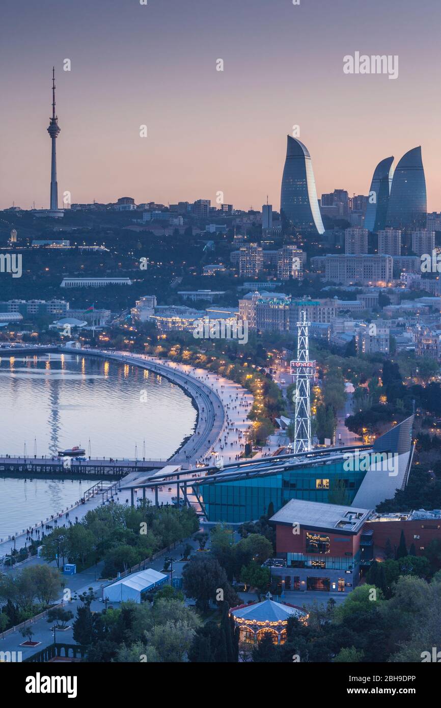 Azerbaijan, Baku, high angle city skyline, from the north, dusk Stock ...