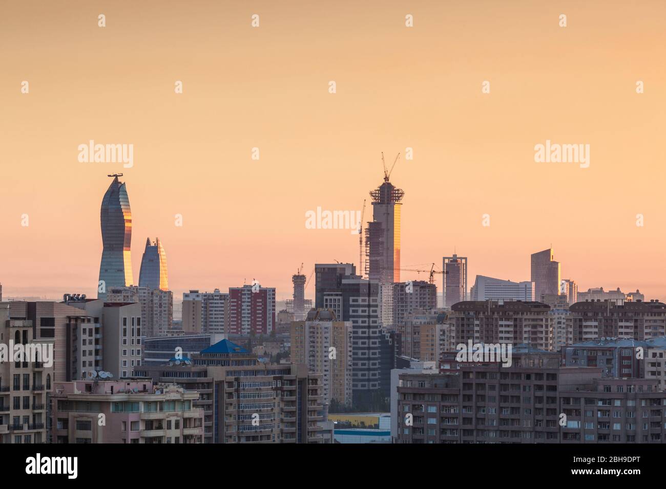 Azerbaijan, Baku, high angle city skyline of central Baku, dawn Stock ...