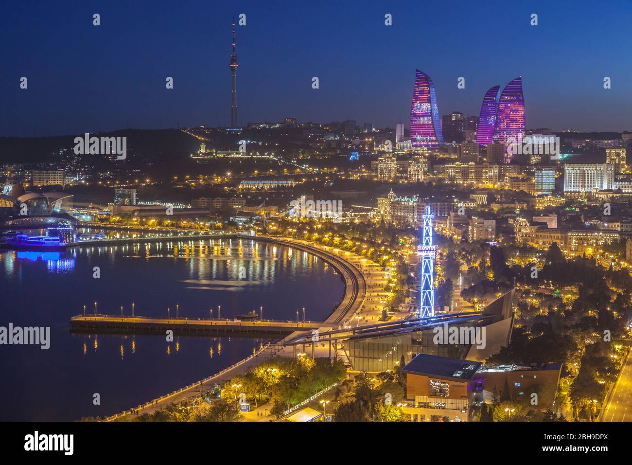 Azerbaijan, Baku, high angle city skyline, from the north, dusk Stock ...