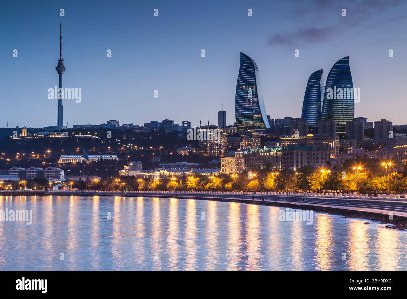 City skyine with baku television tower and flame towers hi-res stock ...