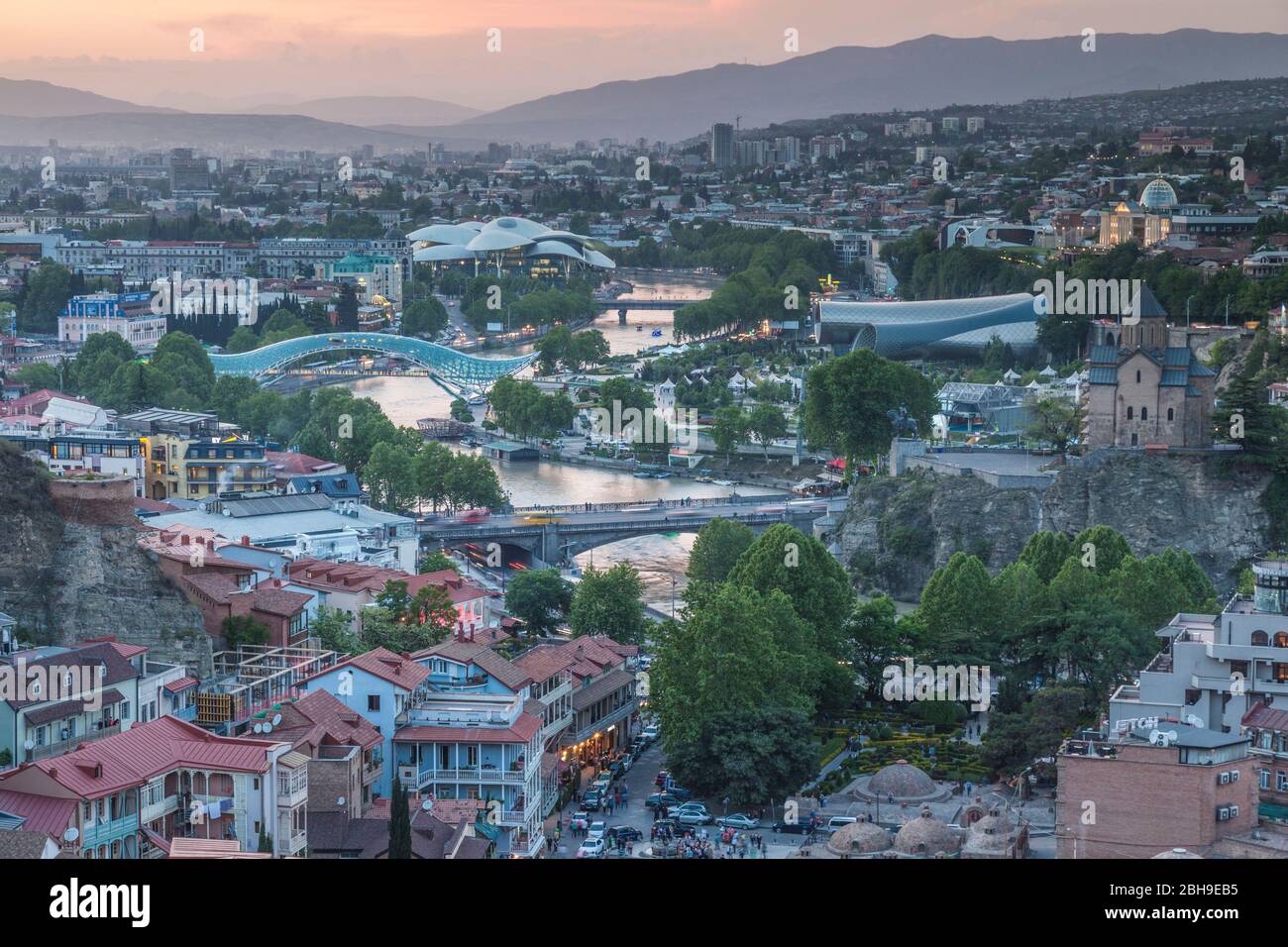 Georgia, Tbilisi, Old Town, high angle city skyline, dusk Stock Photo ...