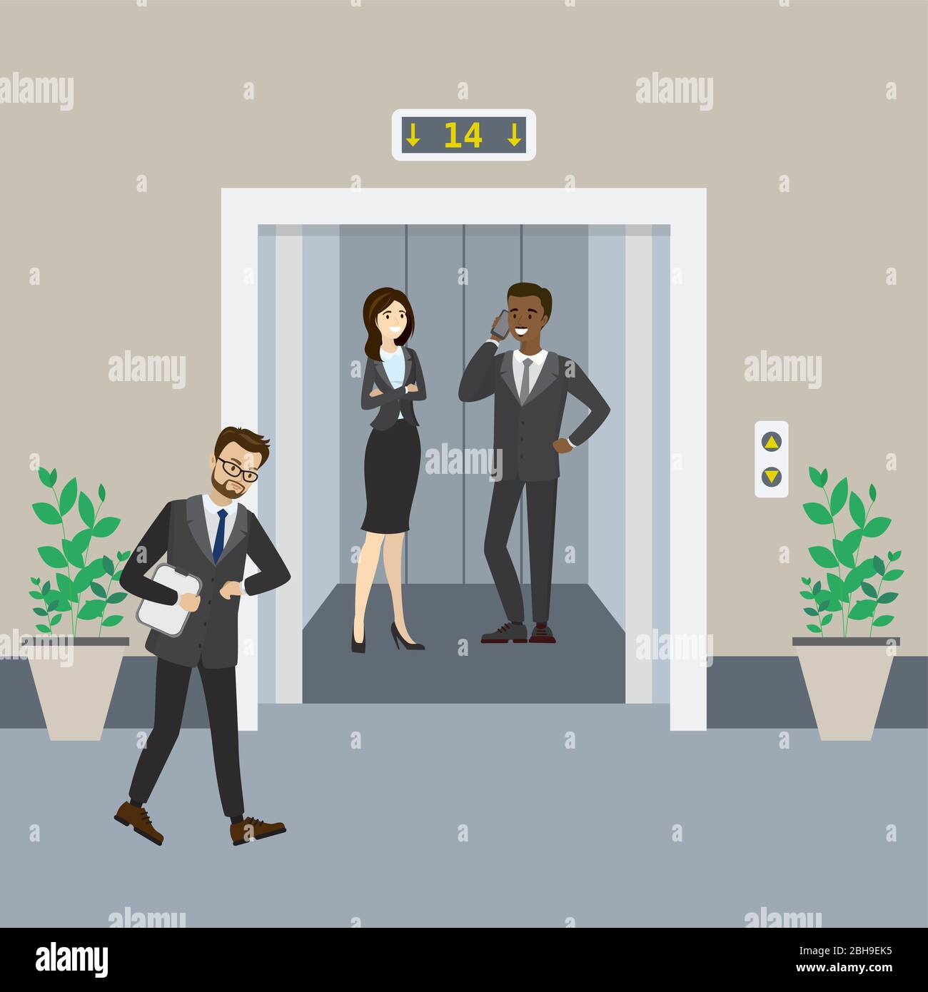 Cartoon business people in elevator and near and lift with open doors ...