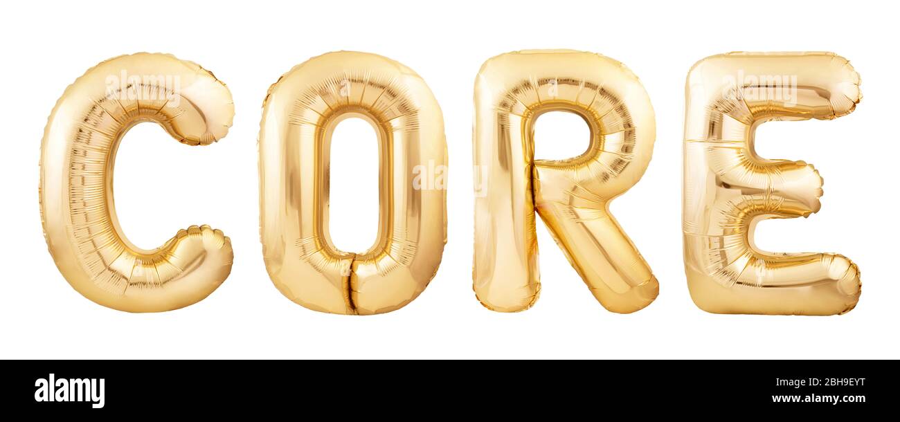 Core word made of golden inflatable balloon letters isolated on white ...