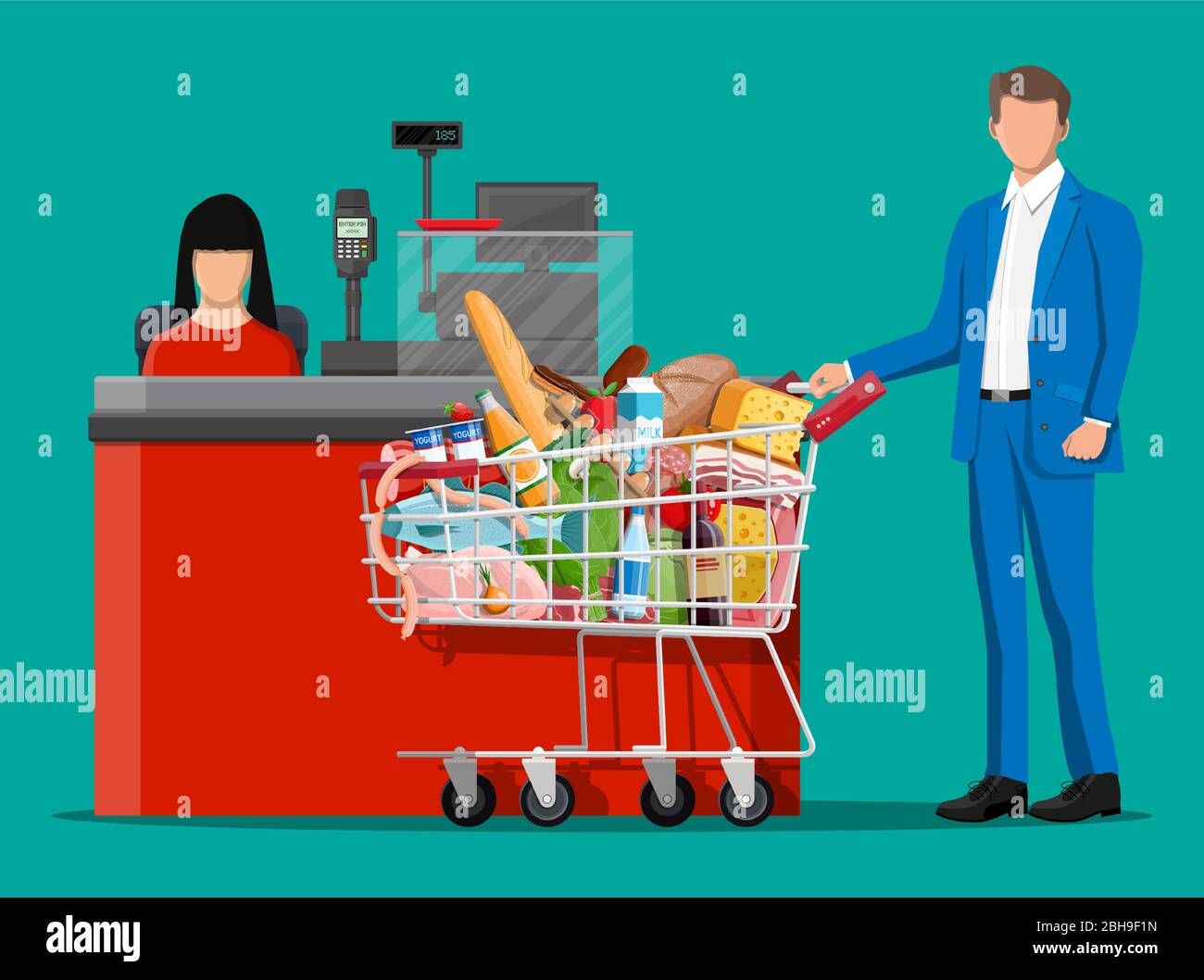 Groceries in checkout counter. Grocery store collection. Supermarket ...