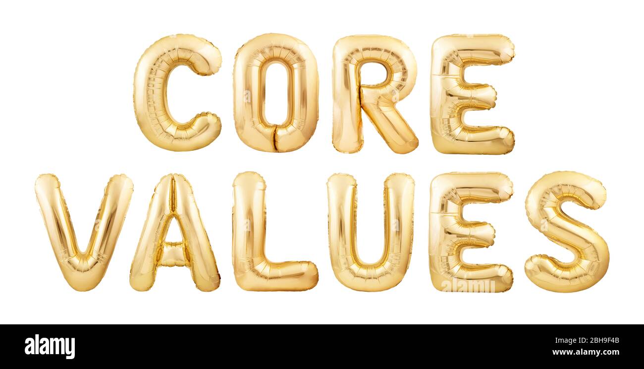 Core values words made of golden inflatable balloon letters isolated on ...