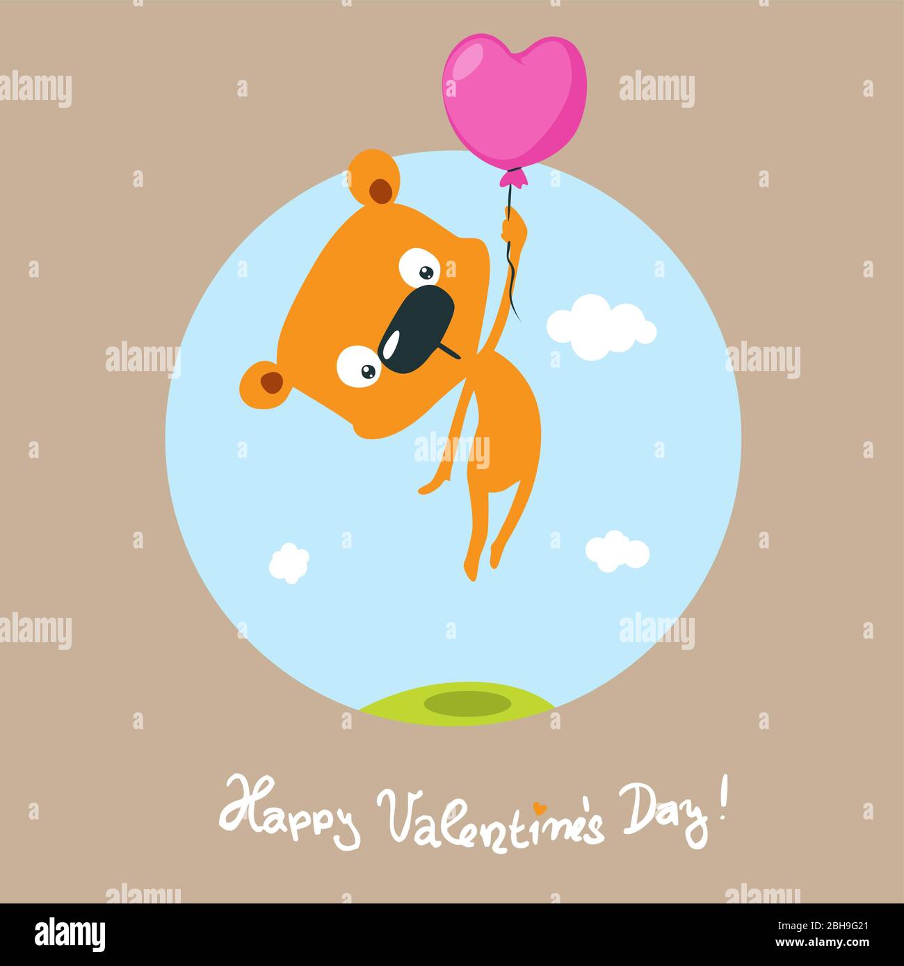 cute bear fly with heart balloon valentines daybrown background - flat ...