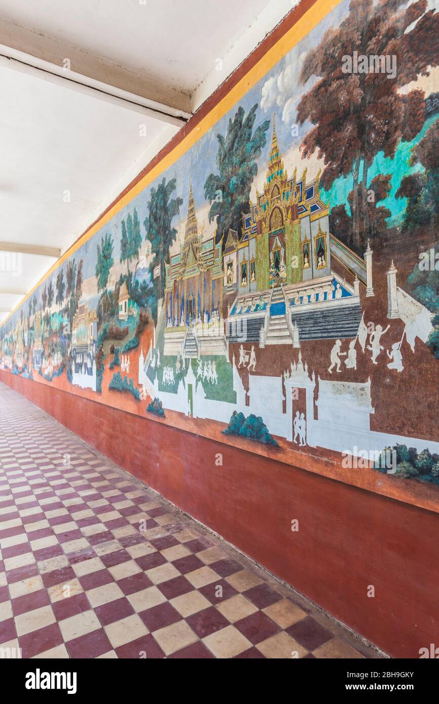 Cambodia, Phnom Penh, the Silver Pagoda, scene from wall mural ...