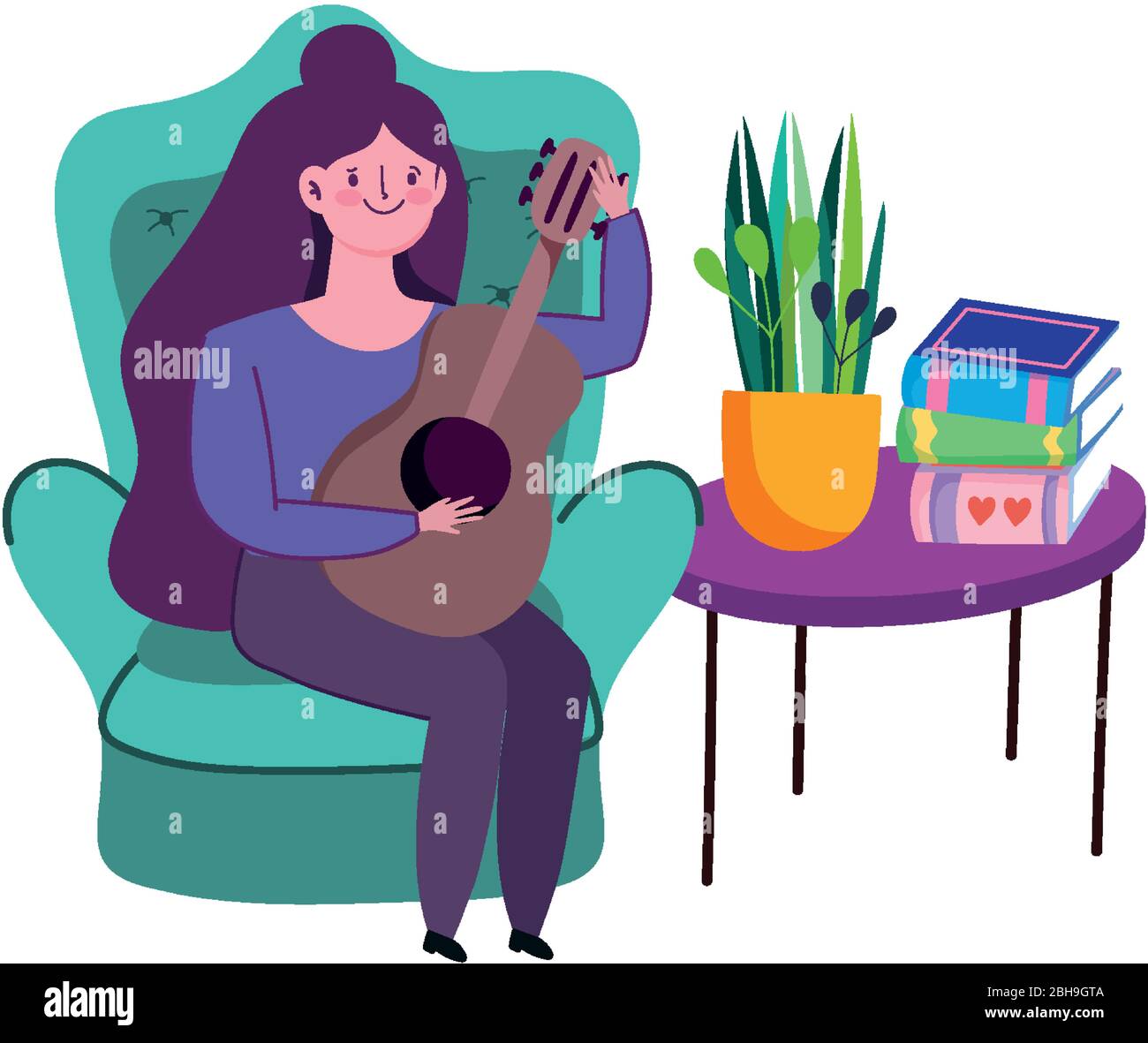 stay at home, cartoon young woman playing guitar with books on table ...