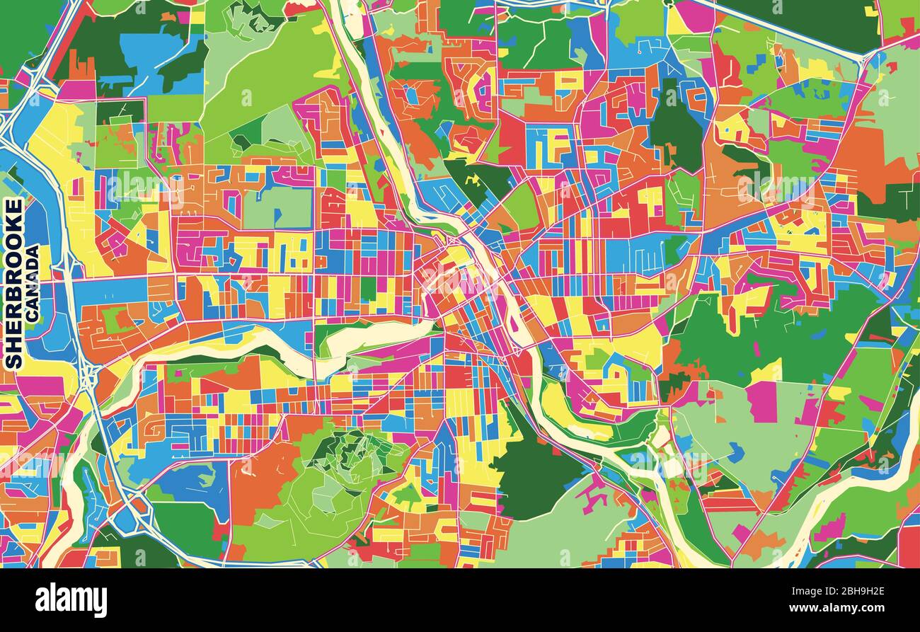 Colorful vector map of Sherbrooke, Quebec, Canada. Art Map template for ...