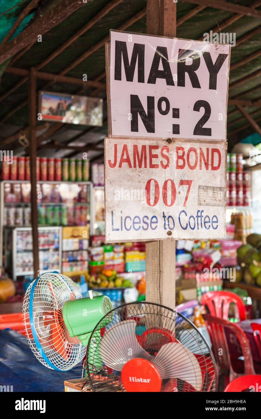 Cambodia, Angkor, Angkor Wat, sign for James Bond 007 Coffee Stock ...