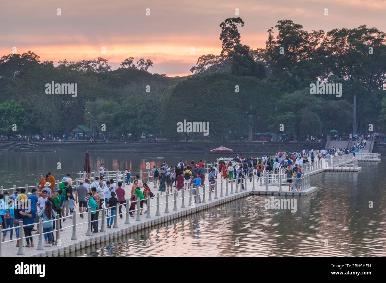 Cambodia, Angkor, Angkor Wat, floating bridge across the temple moat ...