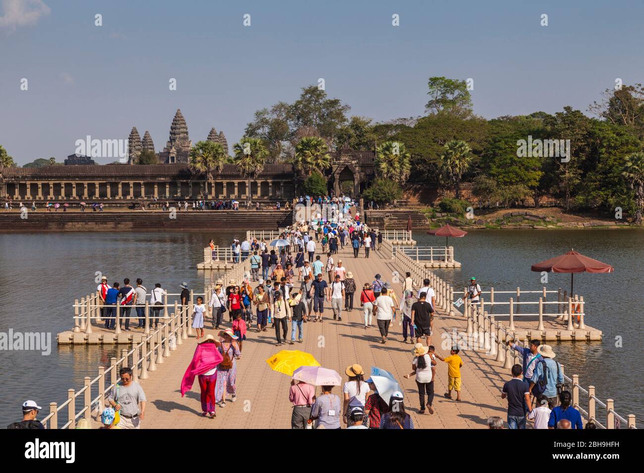 Cambodia, Angkor, Angkor Wat, floating bridge across the temple moat ...