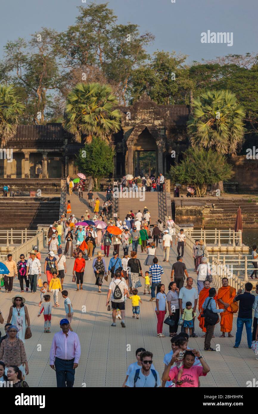 Cambodia, Angkor, Angkor Wat, floating bridge across the temple moat ...