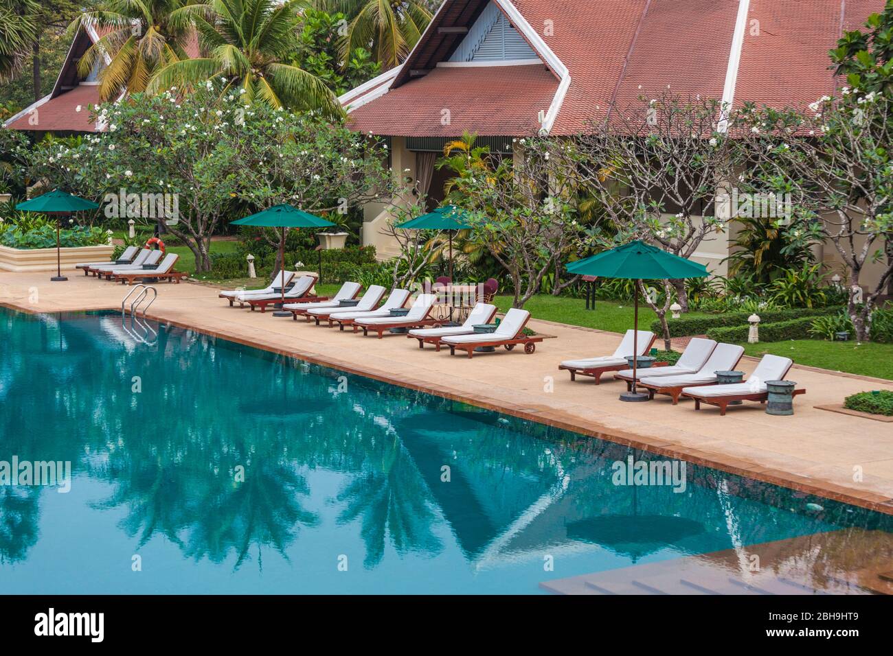 Cambodia, Siem Reap, Grand Hotel d'Angkor, swimming pool Stock Photo ...