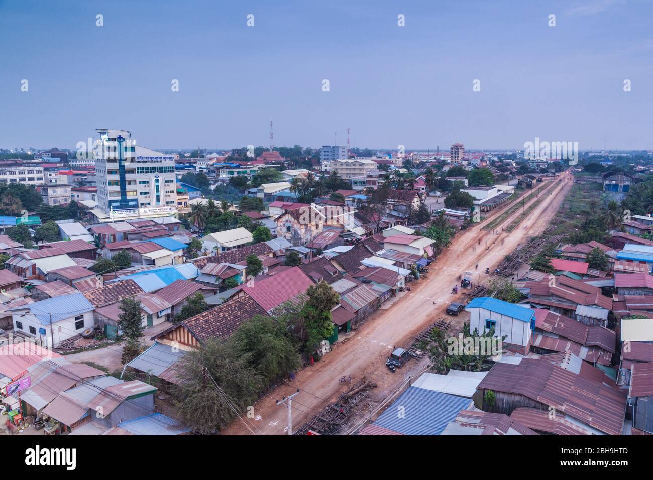 Cambodia, Battambang, elevated city view and Battambang Train Station ...