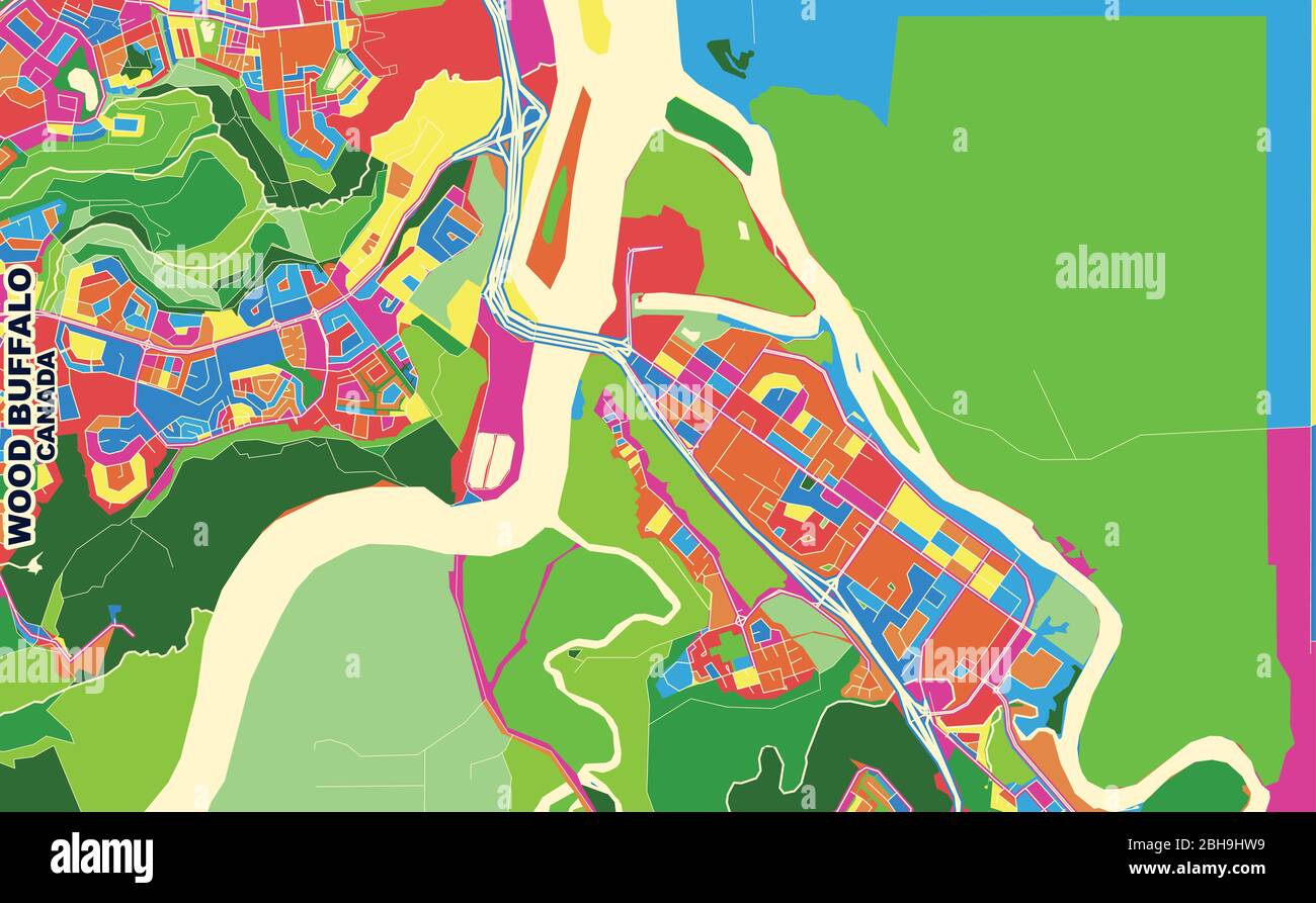 Colorful vector map of Wood Buffalo, Alberta, Canada. Art Map template ...