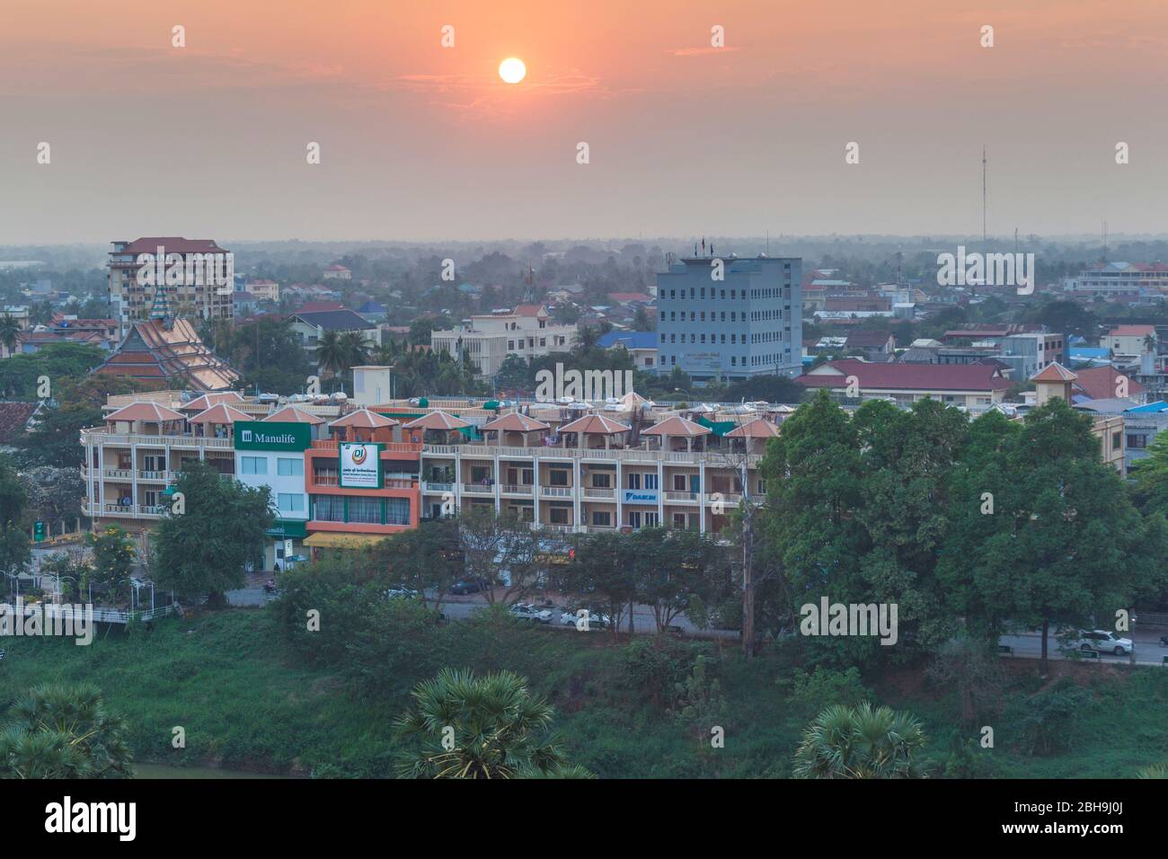 Cambodia, Battambang, elevated city view from the east at sunset Stock ...