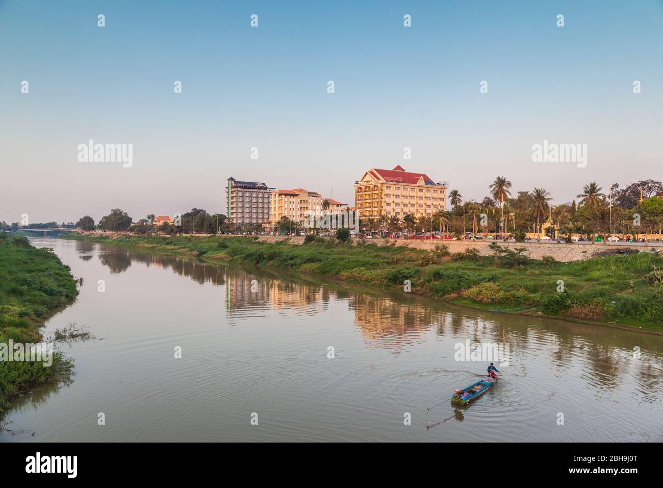 Cambodia, Battambang, city skyline along the Sangker River Stock Photo ...