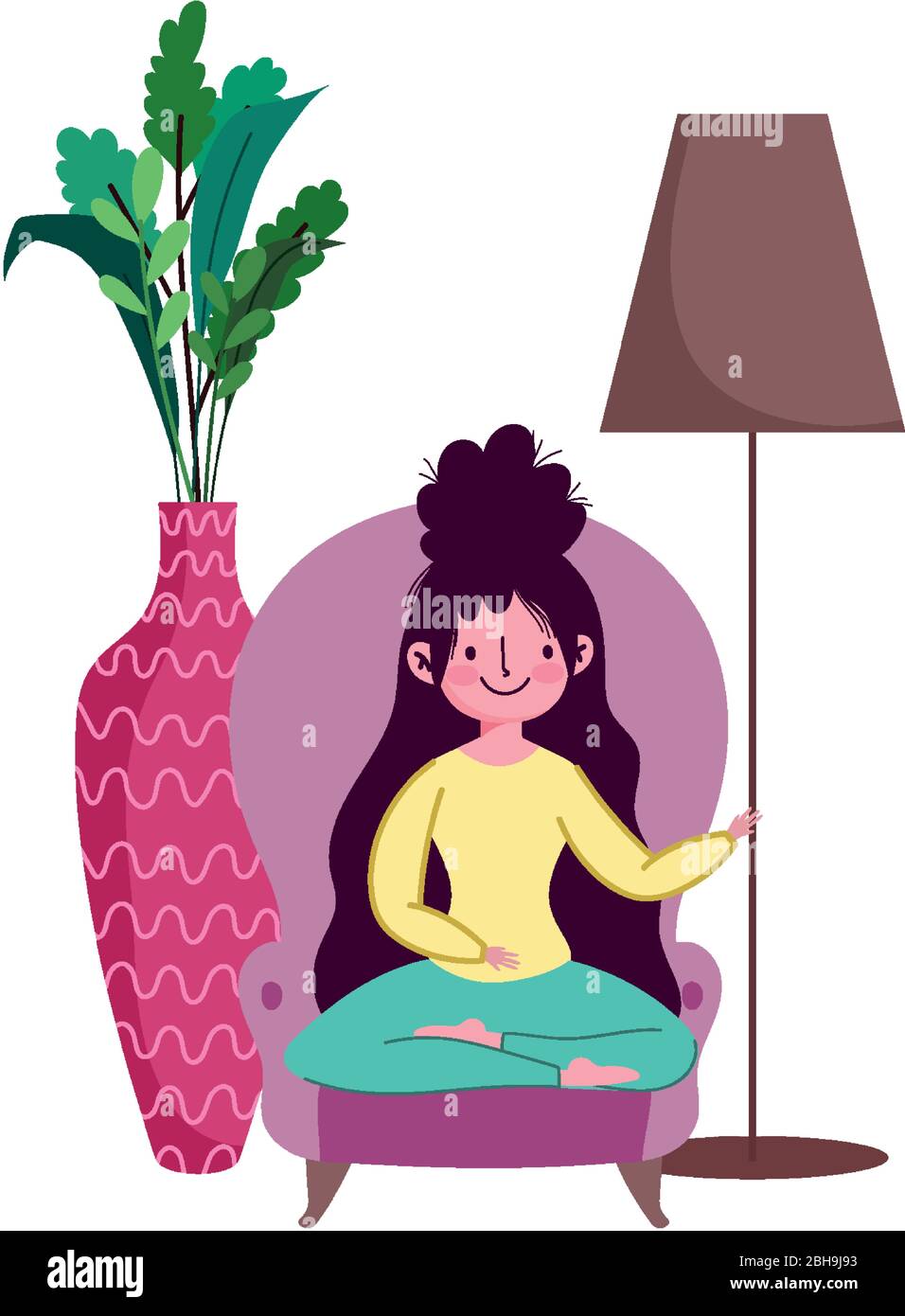 stay at home, young woman sitting sofa lotus pose cartoon vector ...