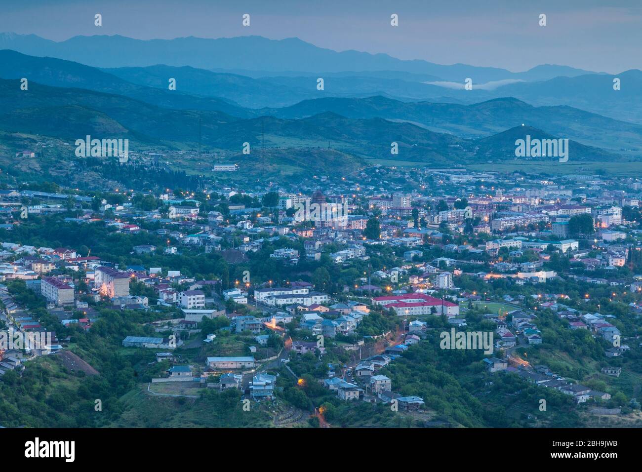 Nagorno Karabakh Republic, Stepanakert, high angle skyline view, dawn ...
