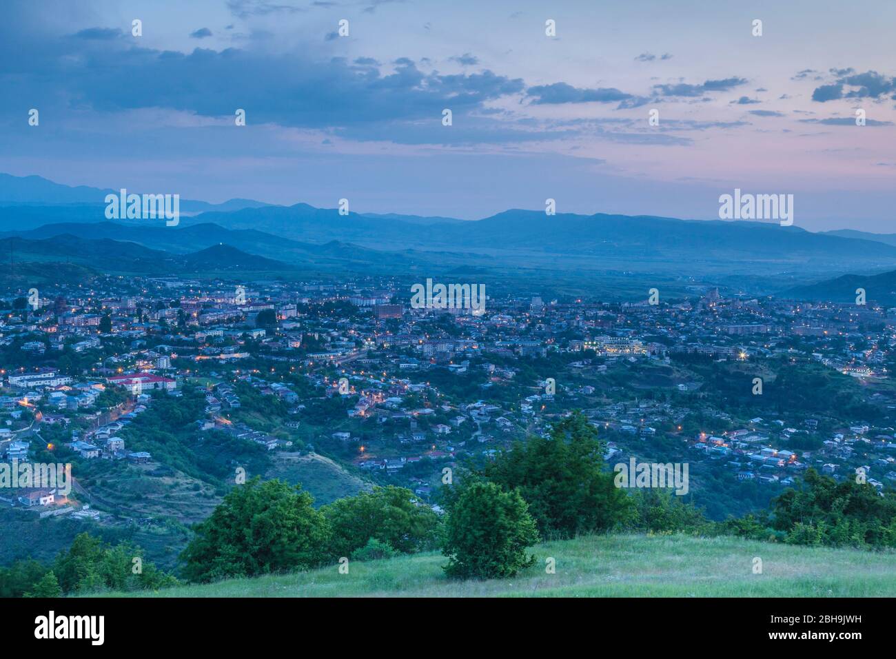 Nagorno Karabakh Republic, Stepanakert, high angle skyline view, dawn ...
