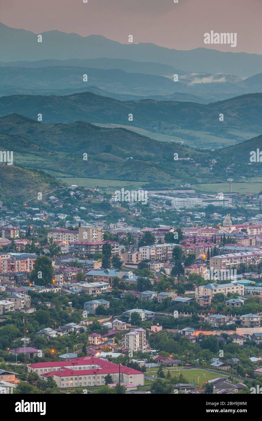 Nagorno Karabakh Republic, Stepanakert, high angle skyline view, dawn ...