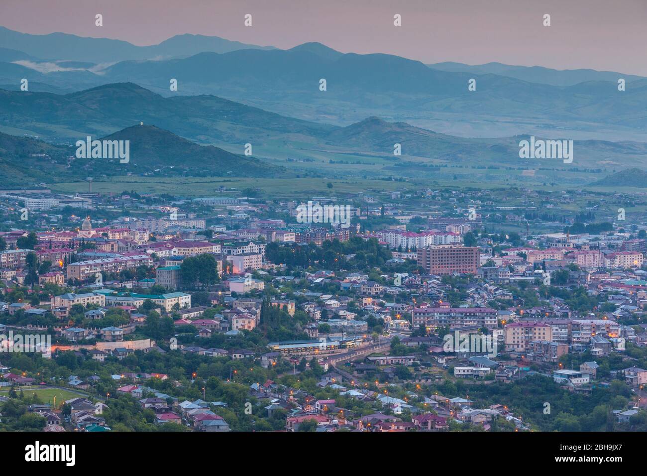 Nagorno Karabakh Republic, Stepanakert, high angle skyline view, dawn ...