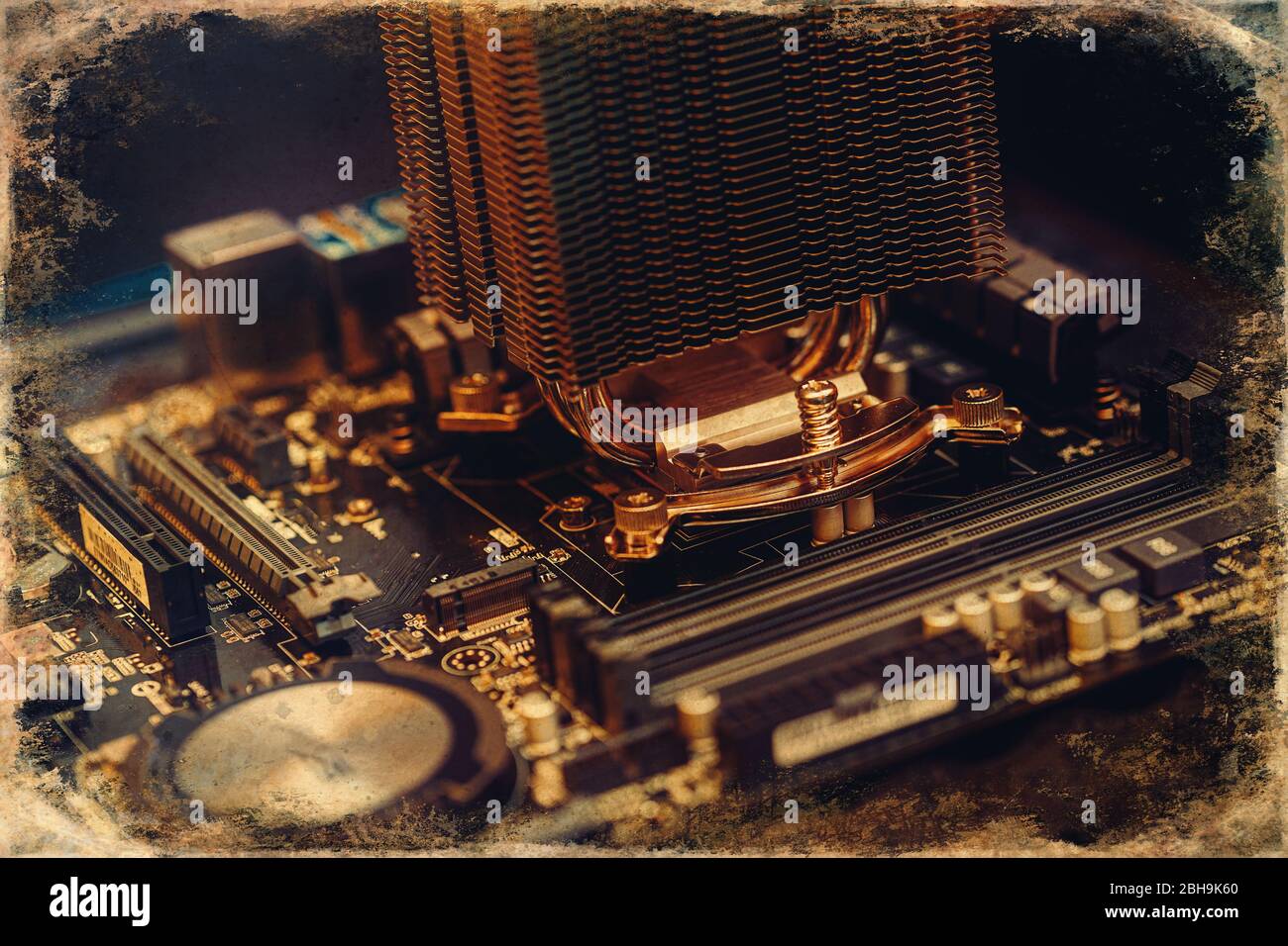 Repair of a computer, detail of disassembled computer, old photo effect ...